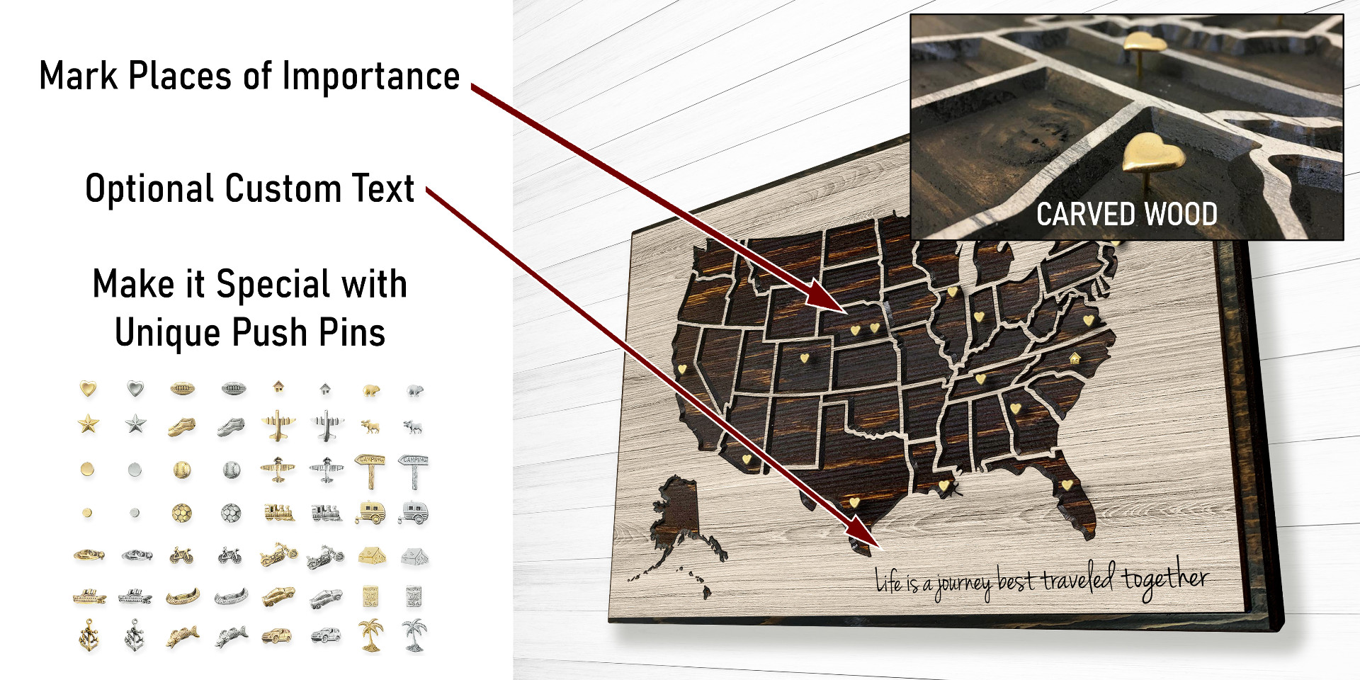 US Push Pin Travel Maps - Carved Wood Maps - Howdy Owl